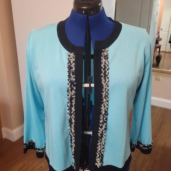 Misook | Tops | Light Blue Misook Knit Jacket Trimmed In Blackwhite ...